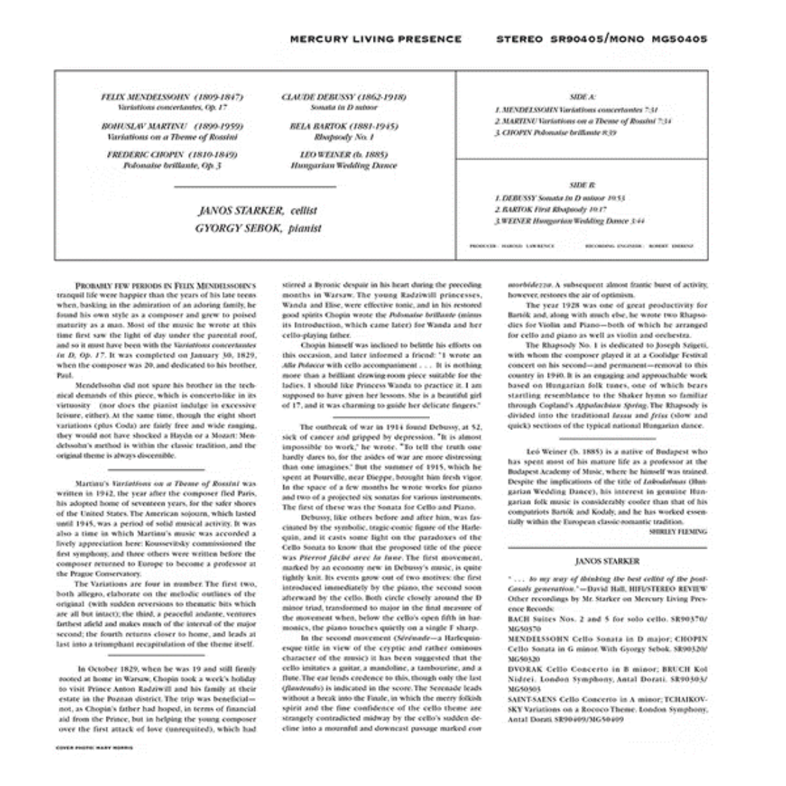 Janos Starker and Gyorgy Sebok : Bartok, Mendelssohn, Martinu, Debussy ...